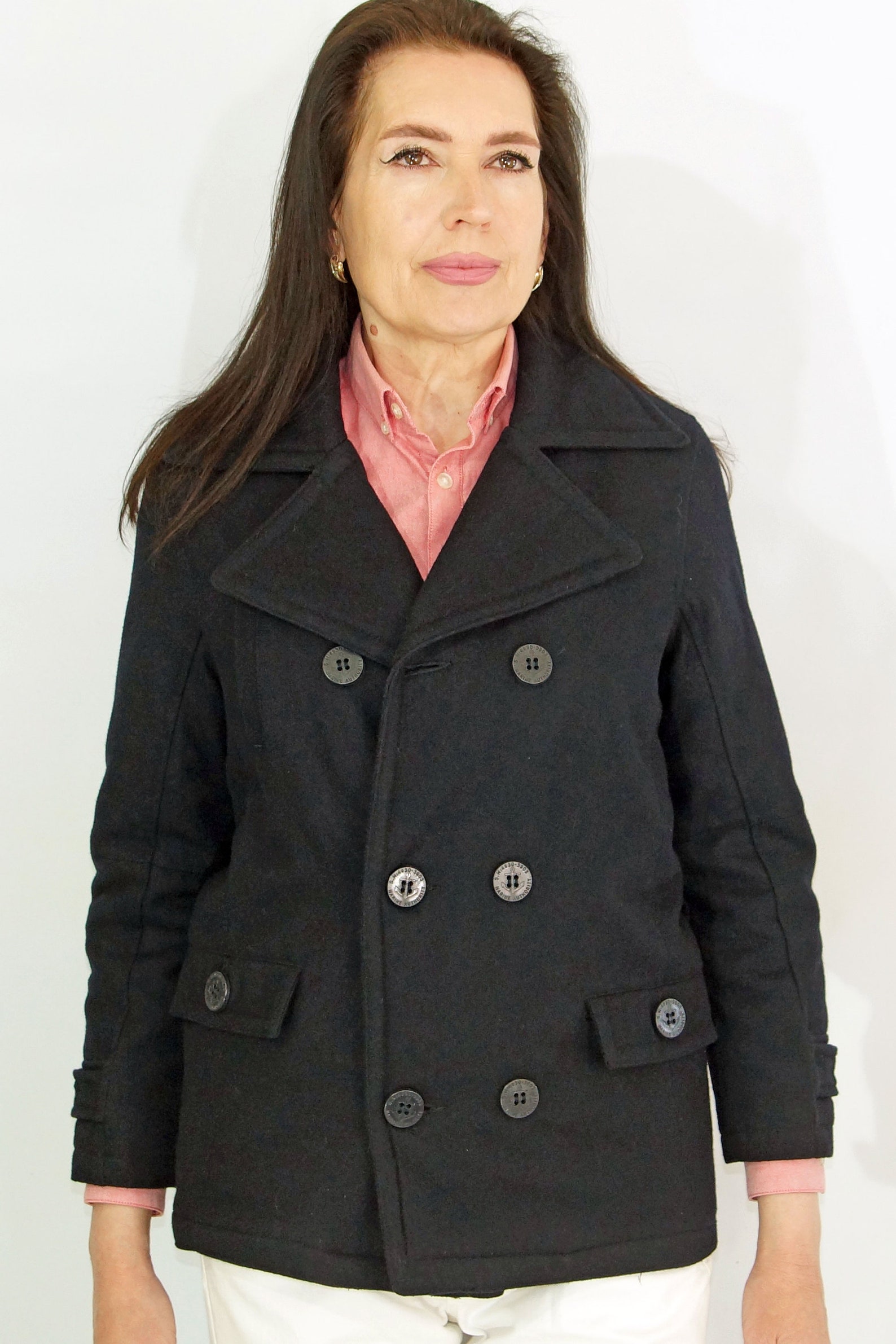 Dark Blue Wool Blend Pea Coat, Double Breasted Trench, Vintage Fall ...