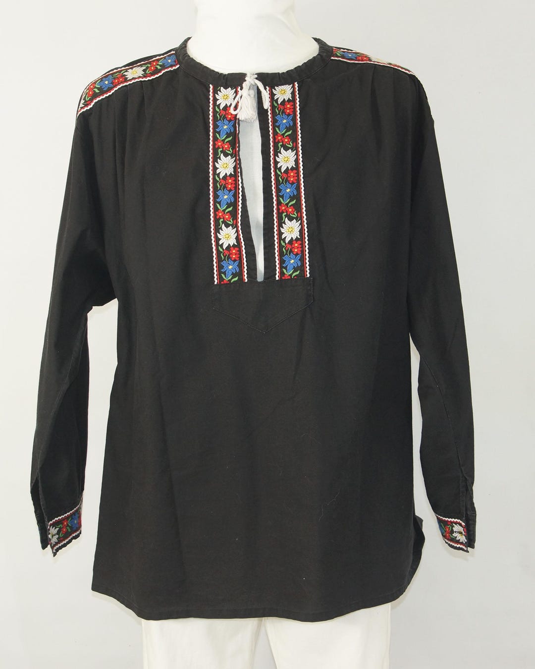 Vintage Black Cotton Tyrolean Shirt Alpine Flowers Embroidery Long ...