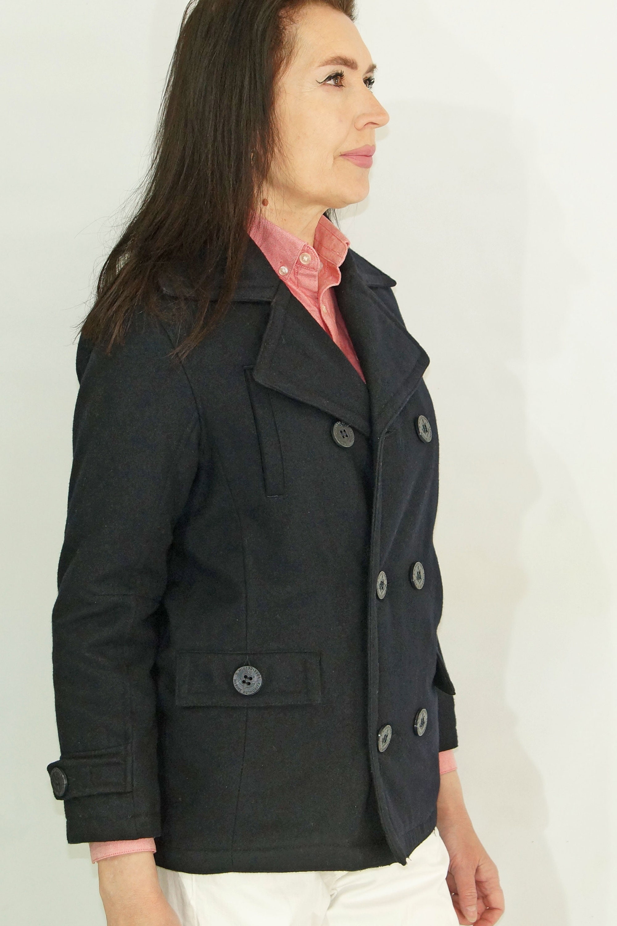 Dark Blue Wool Blend Pea Coat, Double Breasted Trench, Vintage Fall ...