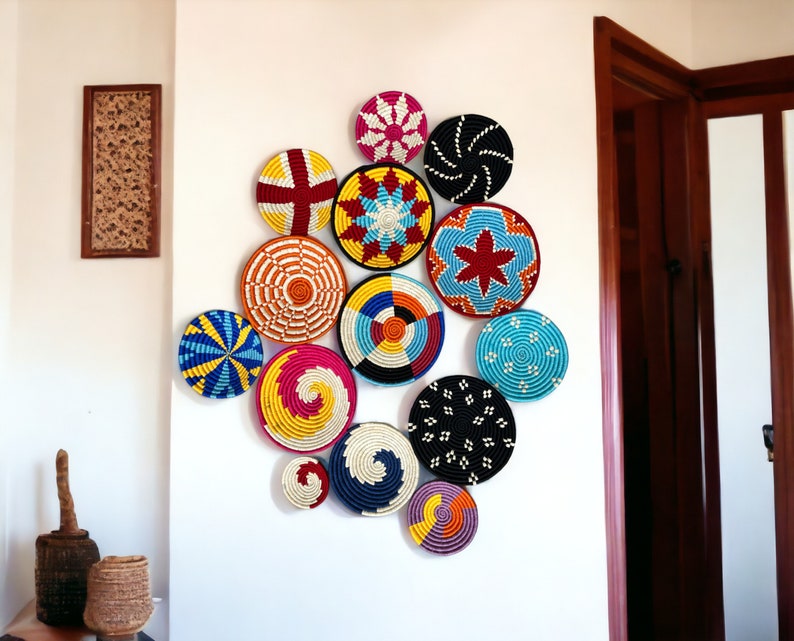 Handwoven Sabai Grass Wall Baskets: Multi-colored Boho Wall Art, Set of ...