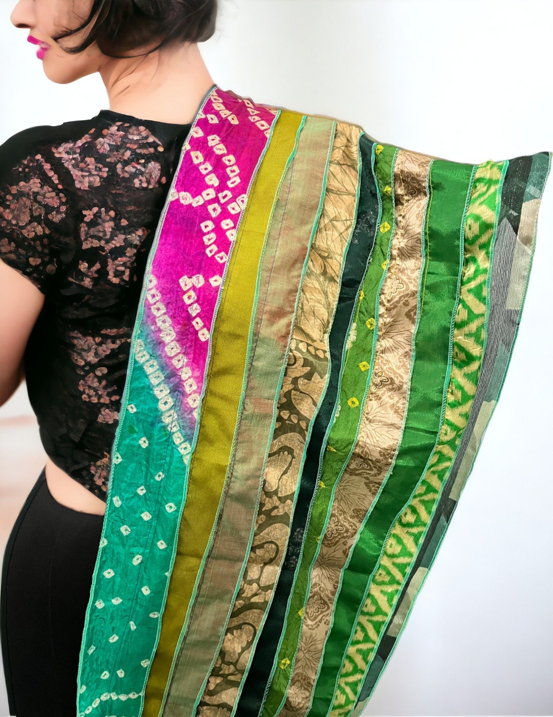 Indian Silk Sari Patches Reversible Scarf, Colorful Striped Scarf, 10 ...