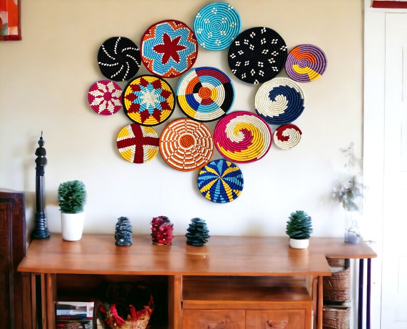 Handwoven Sabai Grass Wall Baskets: Multi-colored Boho Wall Art, Set of ...