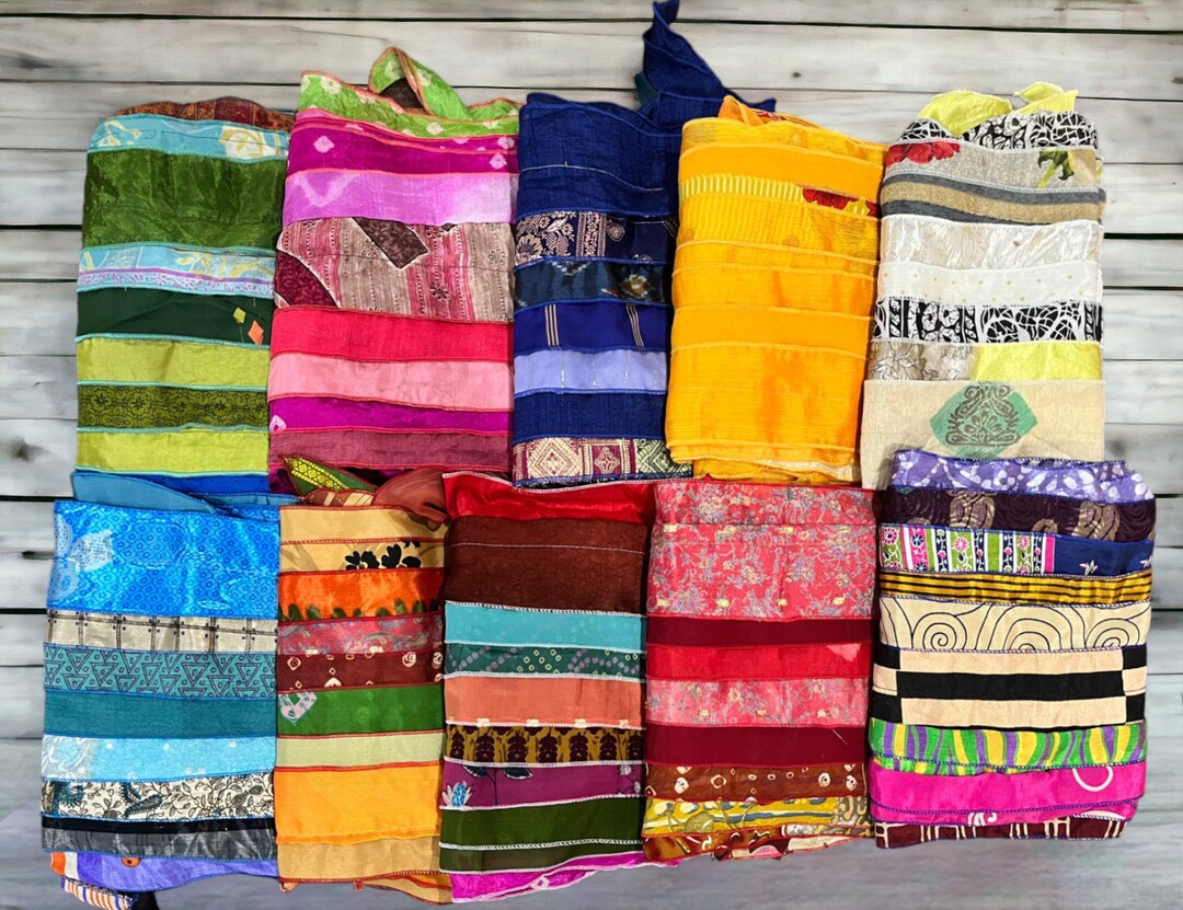 Old Indian Silk Sari Patchwork Reversible Scarves Wholesale, 15 Stripe ...