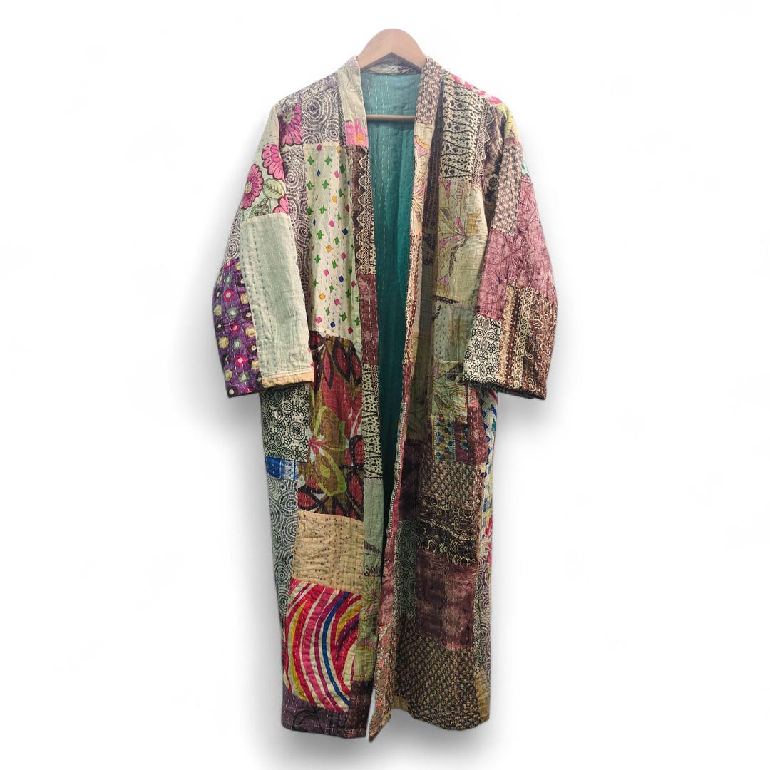 Vintage Patchwork Kantha Stitch Robe 100% Cotton Patchwork Long Dress ...