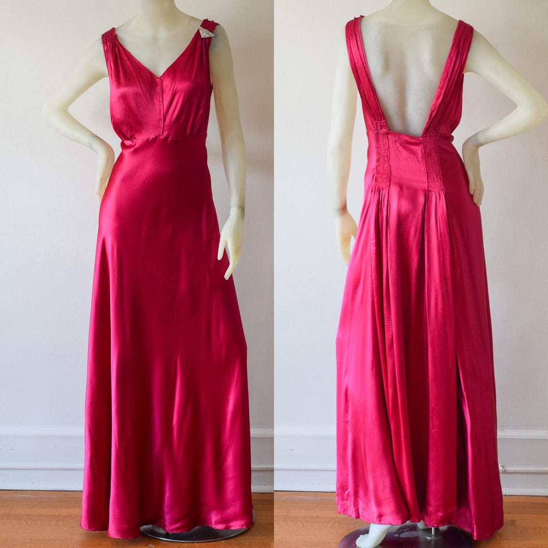 1930s Cranberry Silk Gown Floor Length Low Back Sleeveless Deco Brooch ...