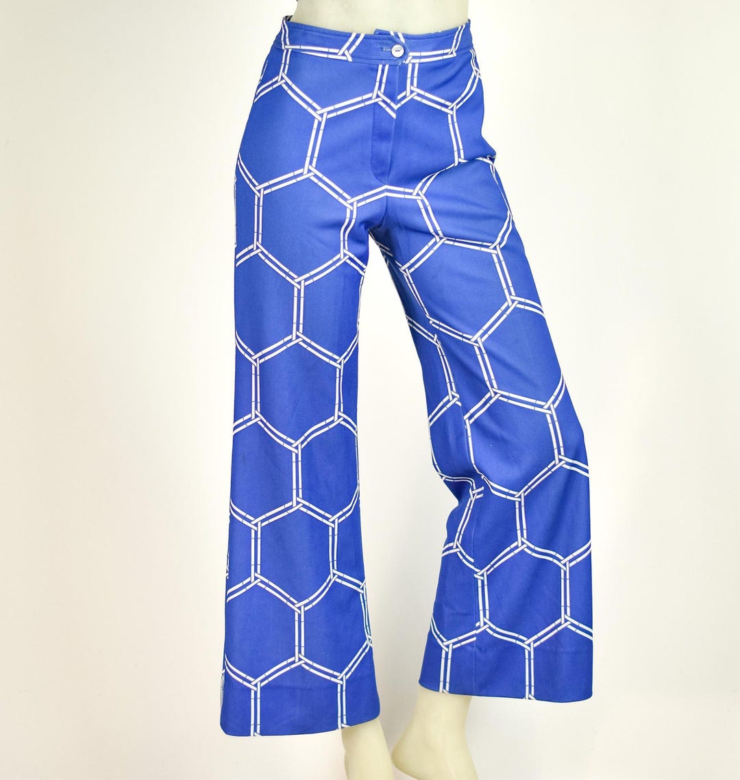 1970s Kick Flare Bell Bottoms Polyester Royal Blue Hexagonal Geometric ...