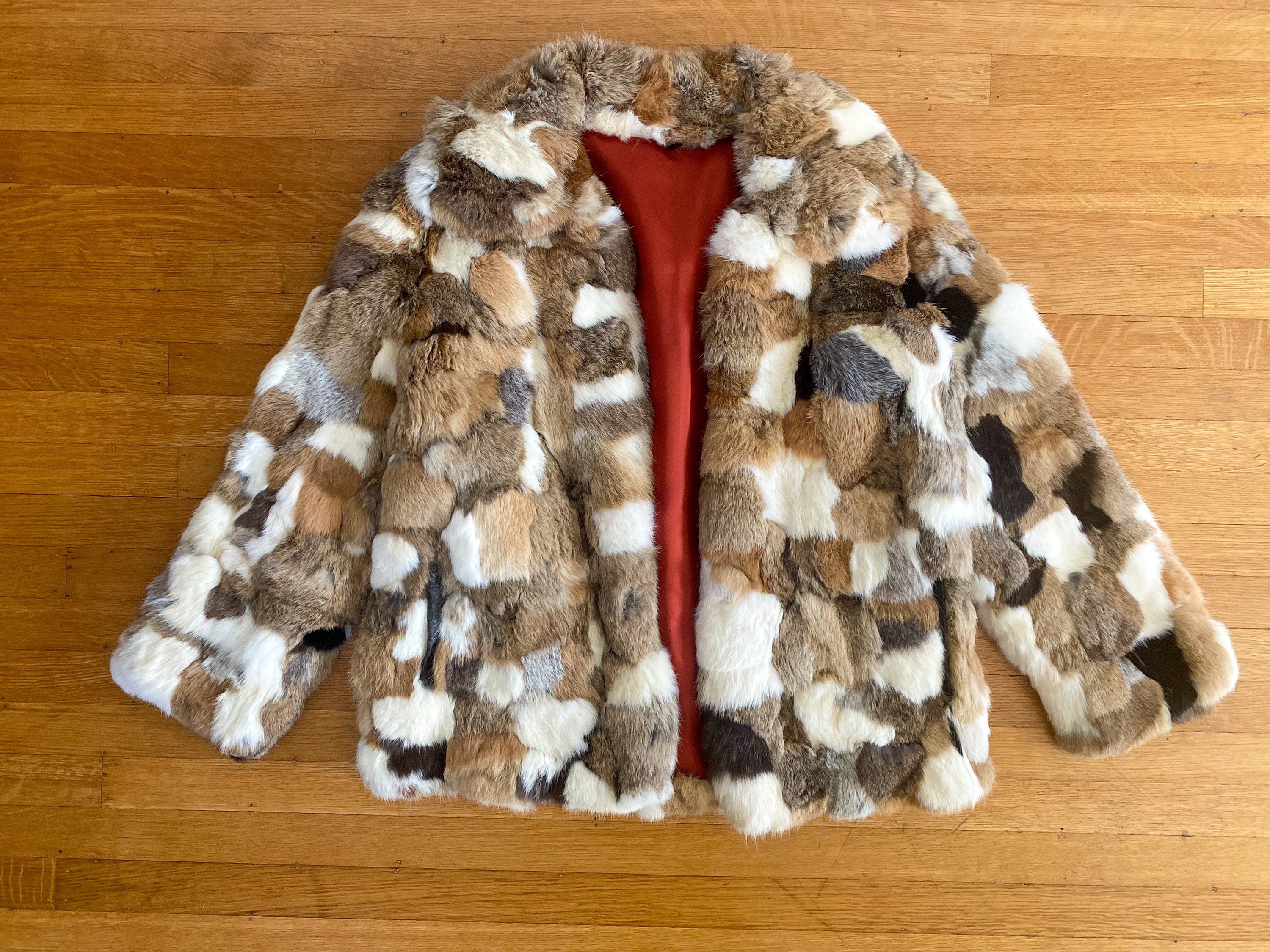 1970s Patchwork Rabbit Fur Bomber Jacket Coat Multicolor Red Satin ...
