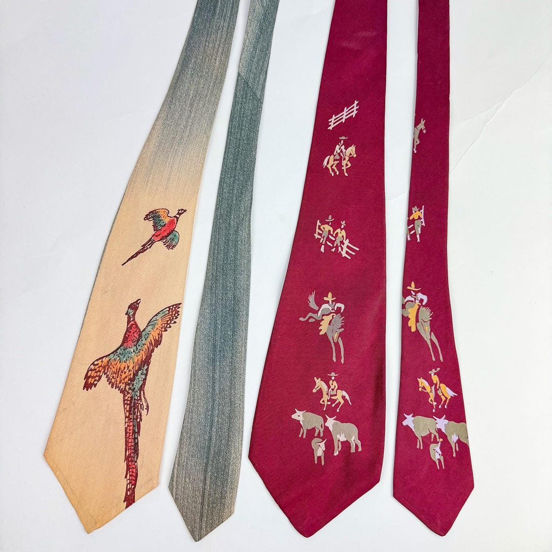 Vintage 1950s Hand Painted Silk Cravat Lot of 2 Men's Neckties Pilgrim ...