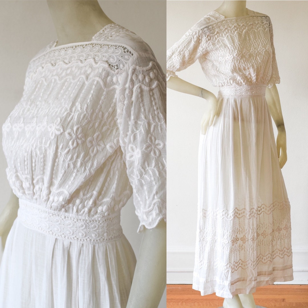 1900s Antique Edwardian White Lace Lawn Dress Cotton Gauze Embroidered ...