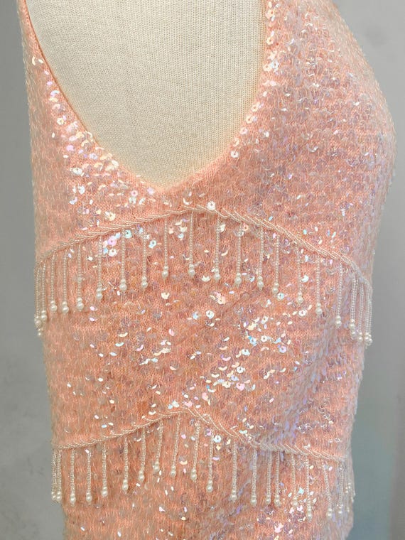 1960s Sequin Knit Tank Pink Beaded Fringe Sparkly Woo… - Gem
