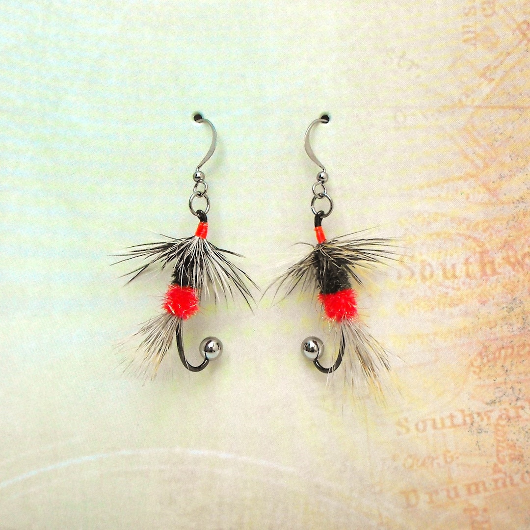 Fly fisherman earrings: Red black and tan feather jewelry gift for ...