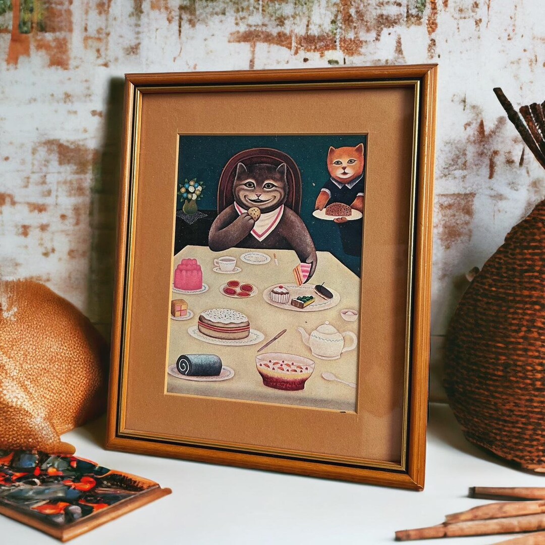 Vintage 80s Cat Tea Party Art Painting Framed - Etsy