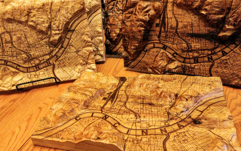 Cincinnati - 3D Map Carving - 3D Wood Carved Terrain Map With ...