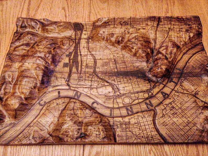 Cincinnati - 3D Map Carving - 3D Wood Carved Terrain Map With ...