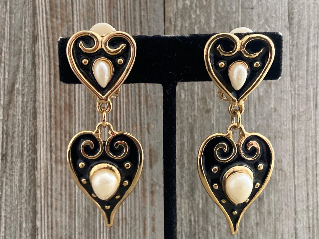 Beautiful Vintage 1990's NOS Gold and Black Heart Shaped Dangle ...