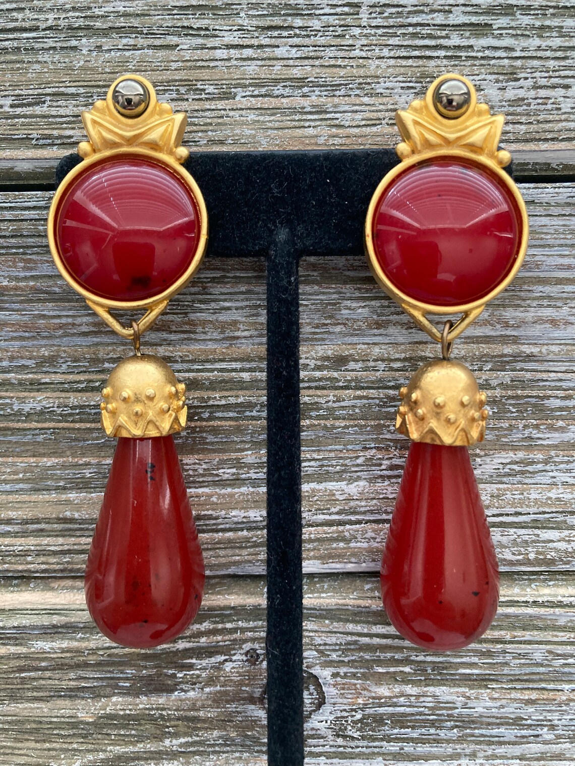 LESLIE BLOCK Vintage 1980's-90's Massive Gold With Red/orange Dangle ...