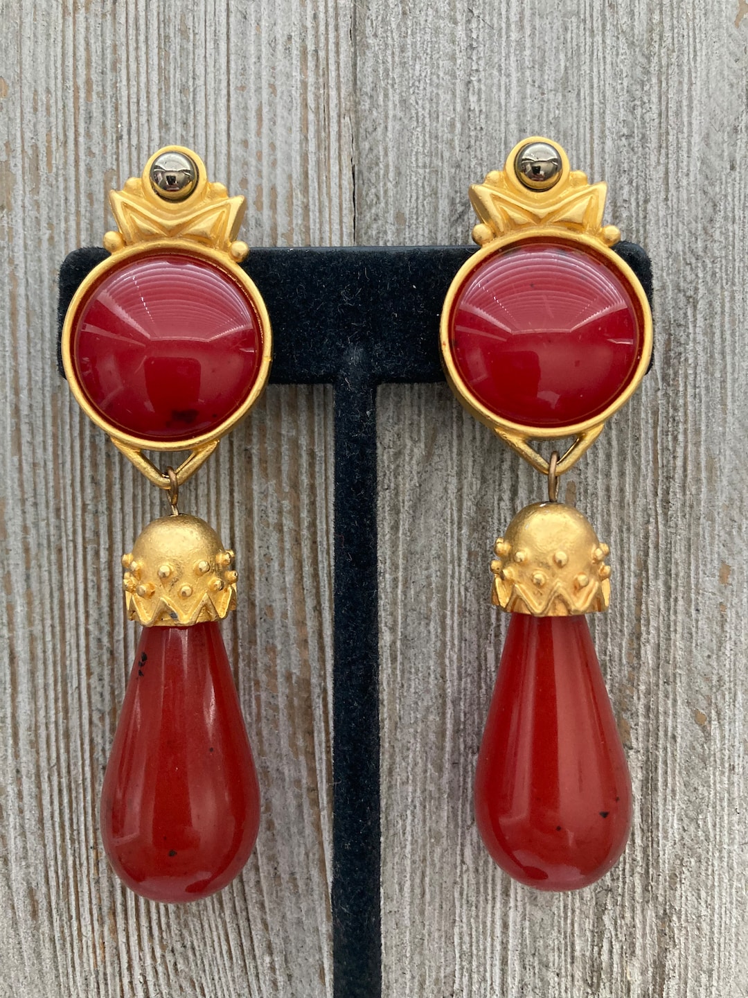 LESLIE BLOCK Vintage 1980's-90's Massive Gold With Red/orange Dangle ...