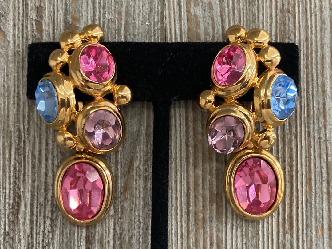NOS Vintage 1990's Large Gold With Pastle Colored Rhinestones Dangle ...