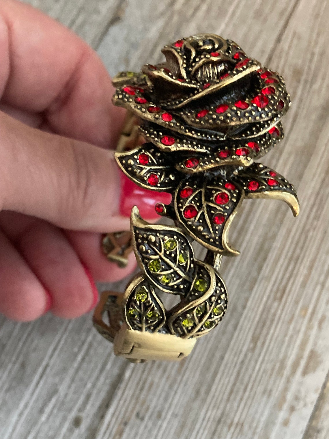 HEIDI DAUS Signed Vintage 1990's Green and Red Rhinestones Rose Shaped ...