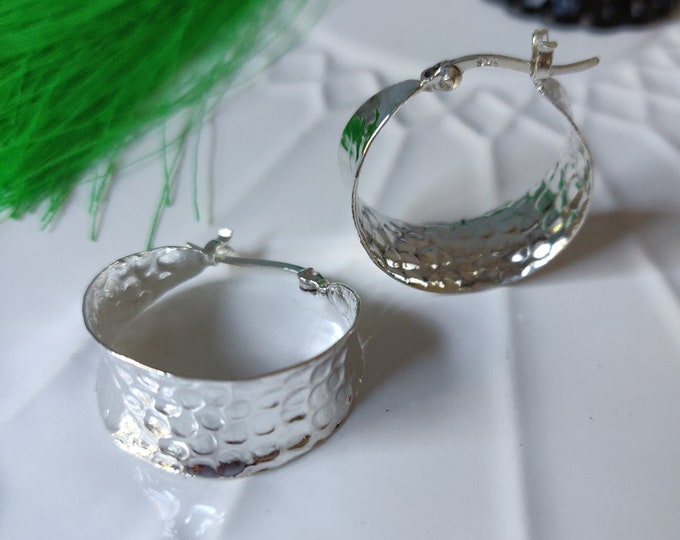 Hammered 925 Sterling Silver Hoop Earrings Concave Tapered Chic - Etsy