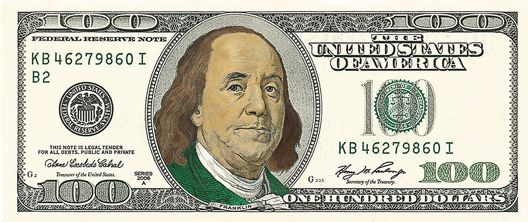 American One Hundred Dollar Bill Wall Art, Benjamin Franklin in Colour ...