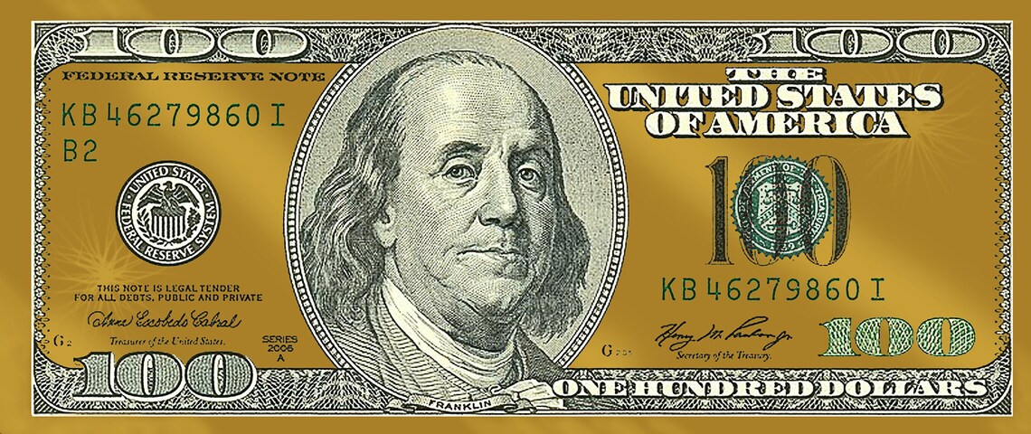 Gold American One Hundred Dollar Bill Wall Art, Gold Dollar Bill ...
