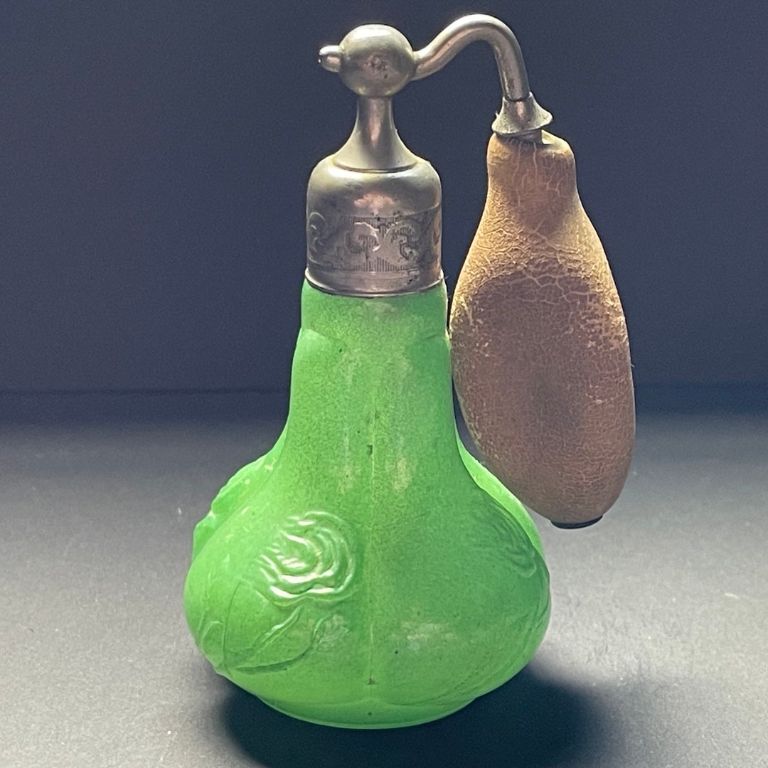 Antique ATOMIZER Perfume Bottle,green Glass, Embossed Roses Vanity ...
