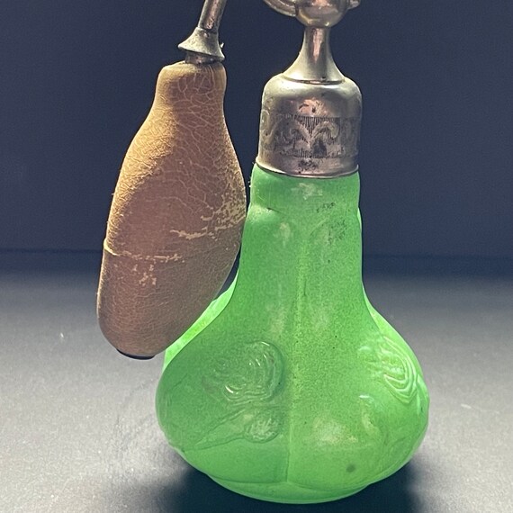 Antique Green Glass Atomizer: Embossed Rose Perfume B… - Gem