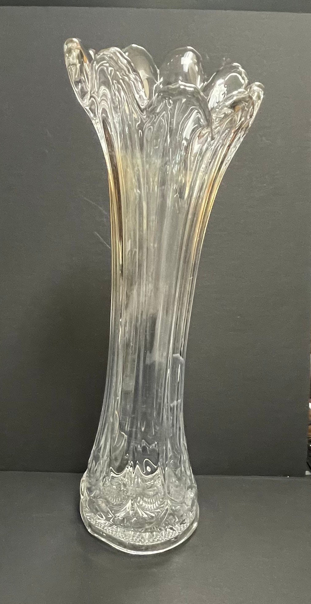 Vaseline Glass Clear Tall Thin Vase Pressed Etching Bottom and Edges ...