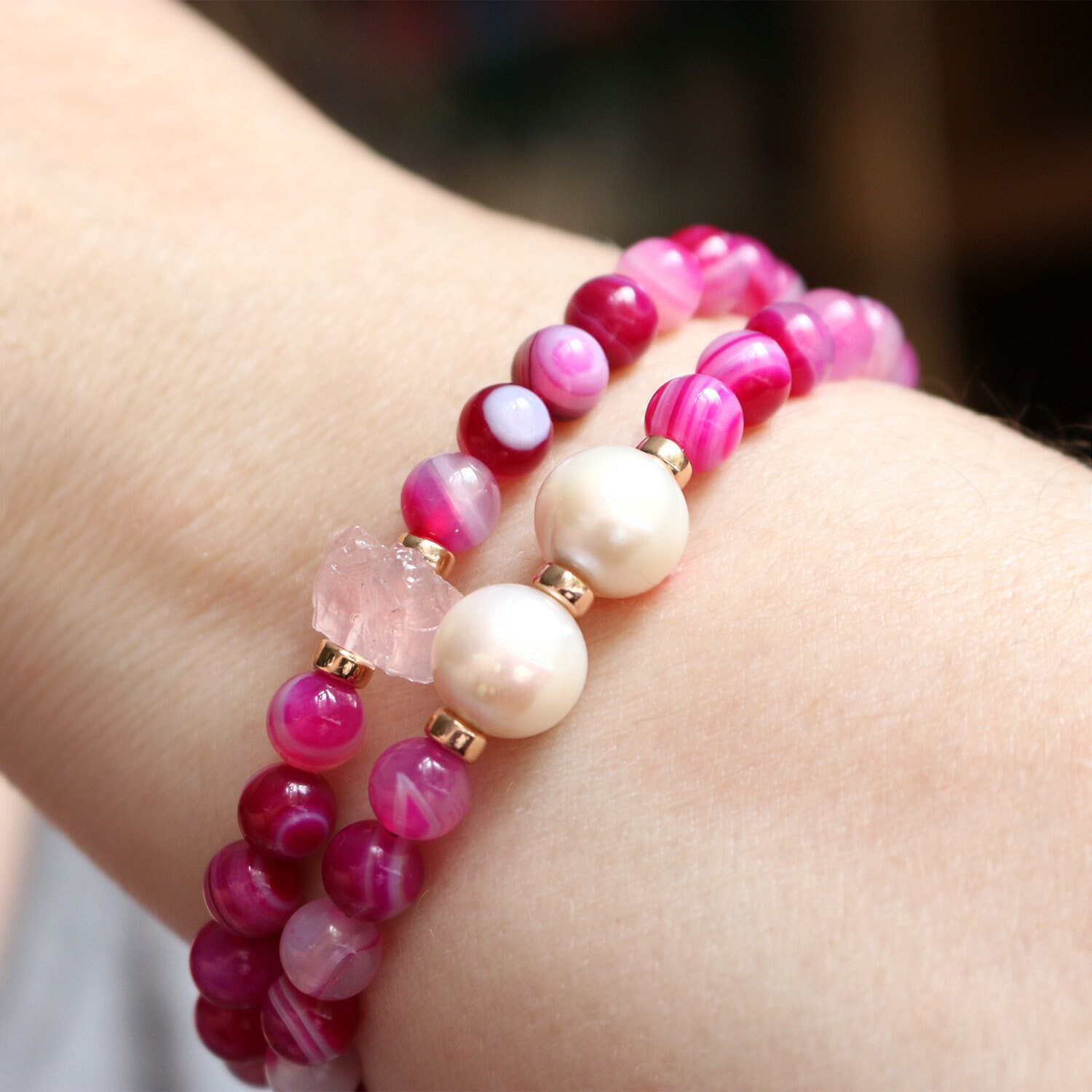 Pink Banded Agate & Raw Rose Quartz Bracelet, 14k Rose Gold Filled ...