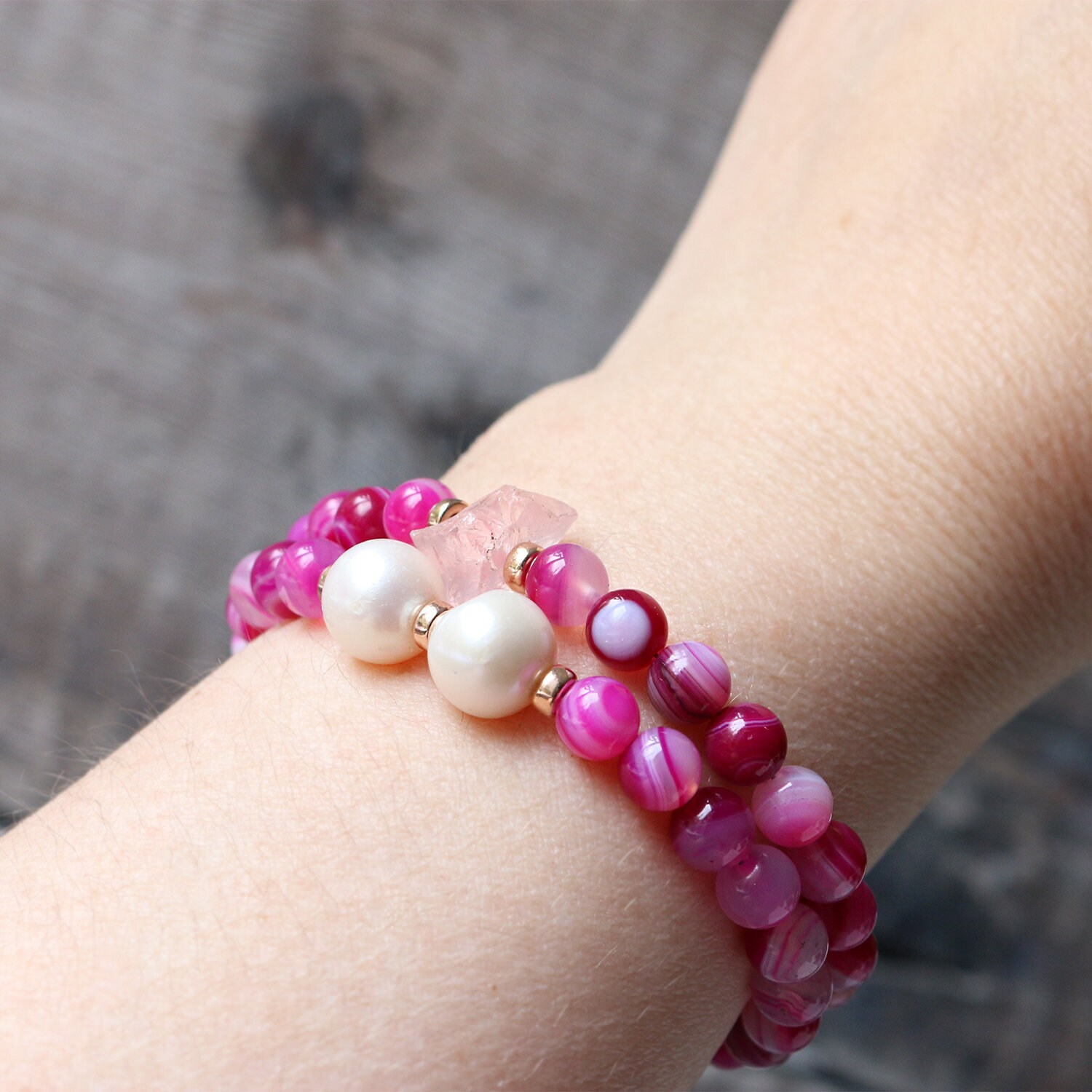 Pink Banded Agate & Raw Rose Quartz Bracelet, 14k Rose Gold Filled ...