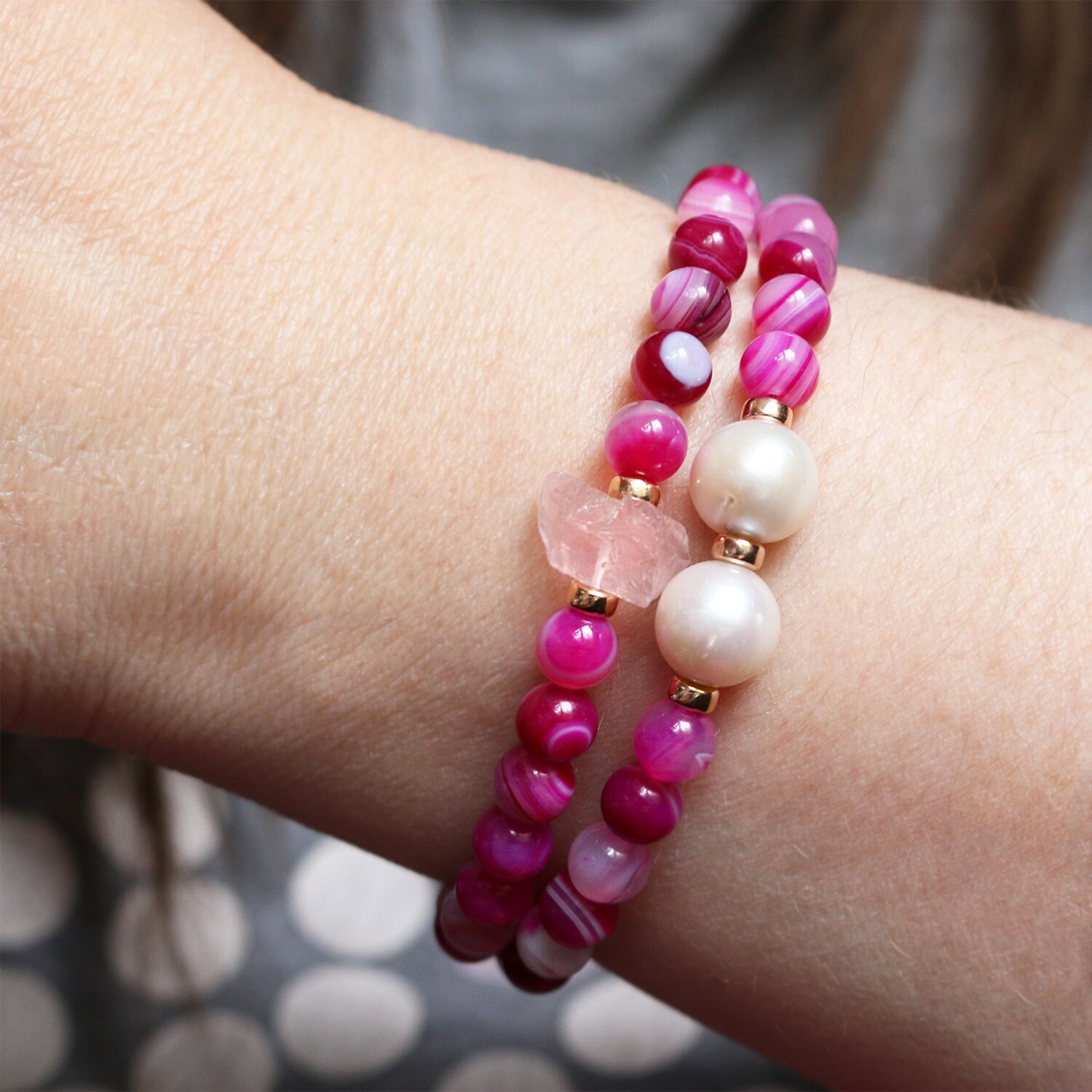 Pink Banded Agate & Raw Rose Quartz Bracelet, 14k Rose Gold Filled ...