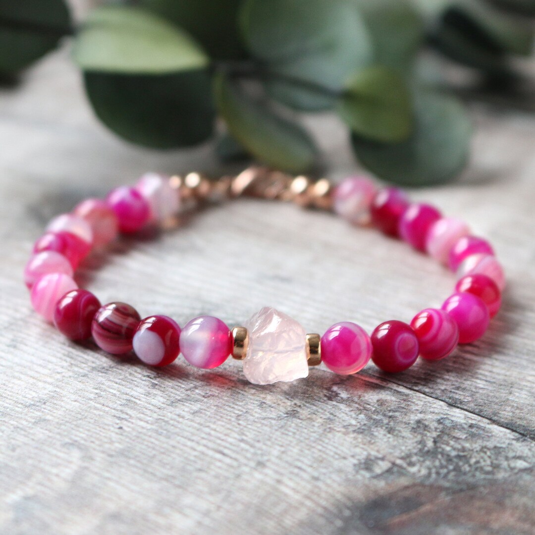 Pink Banded Agate & Raw Rose Quartz Bracelet, 14k Rose Gold Filled ...