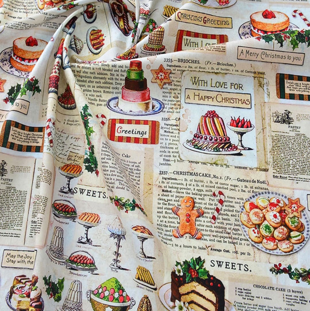 Vintage Christmas Fabric, 100% Cotton Fabric, Christmas Pudding Fabric ...