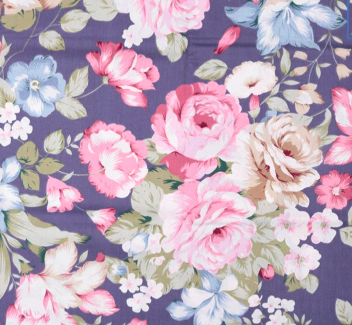 Blue Flower Fabric Floral Fabric Rose Cotton Flower 100% - Etsy