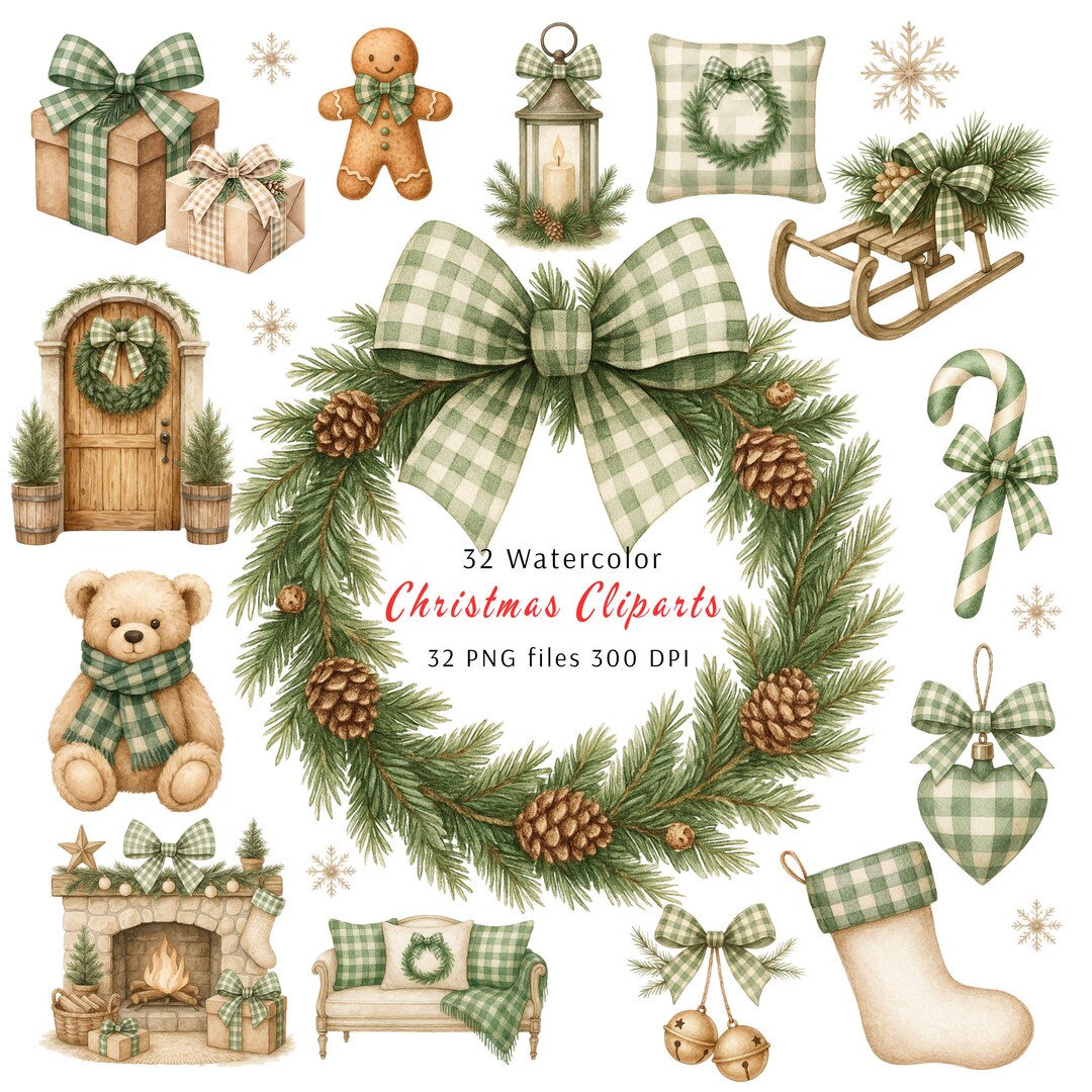 Cottage Core Christmas Clipart Bundle Green Gingham | Watercolor ...