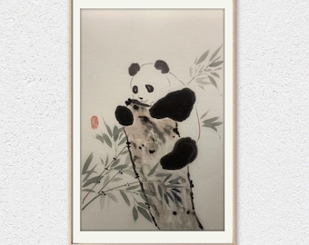 Panda Bear Bamboo Traditional Ink Wash Painting, Original Sumi-e Brush ...