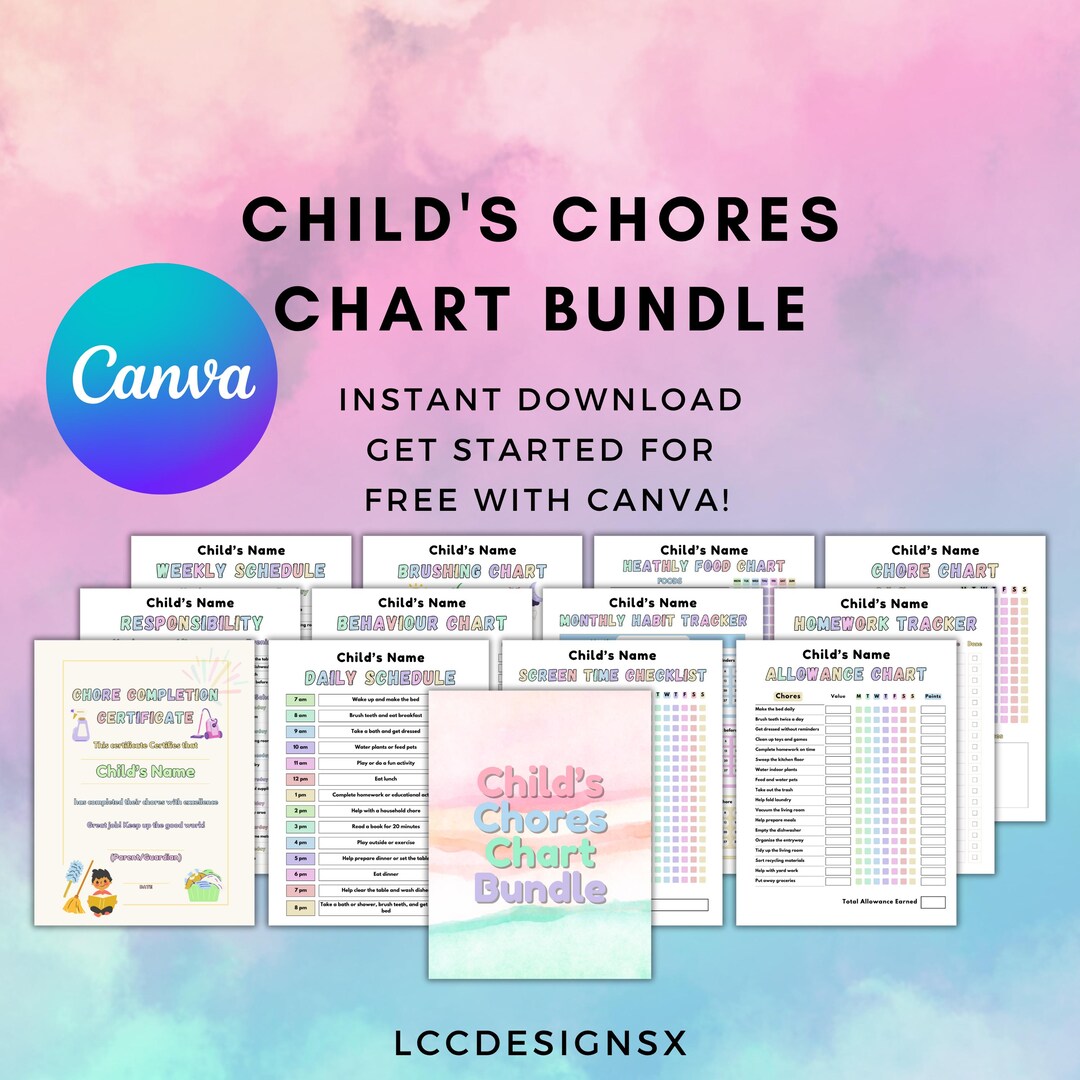 Child's Chores Chart Bundle, Fully Editable, Printable, Instant ...