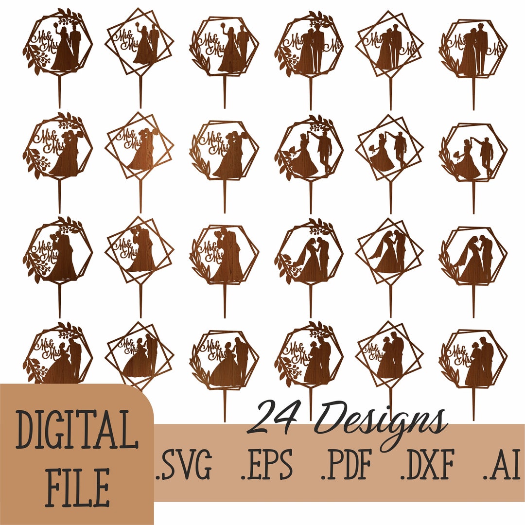 24 Couple Silhouette Wedding Cake Toppers SVG, Bride and Groom Cake ...