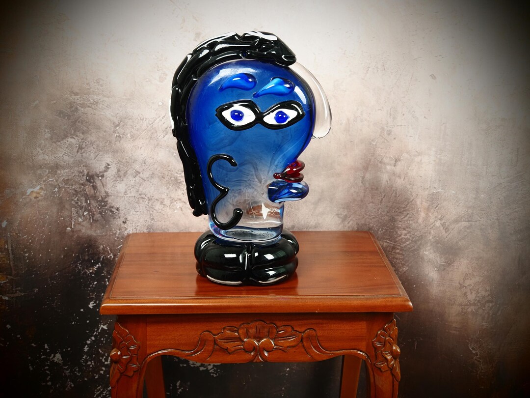 Murano-style Glass Male Head Sculpture – Blue Cubist Design With Bold ...