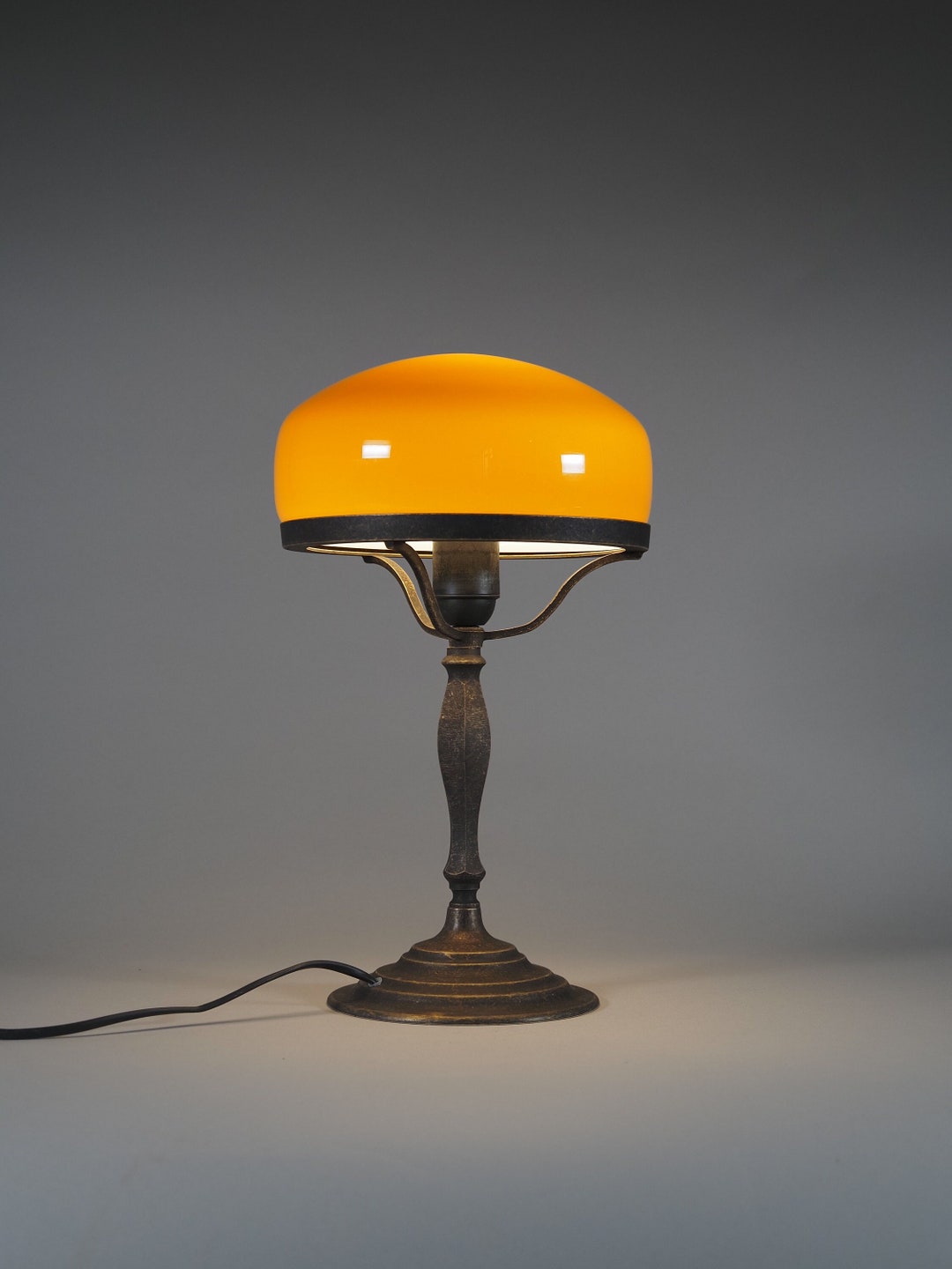 Vintage Art Deco Style Banker Table Lamp Cognac Glass Shade With ...