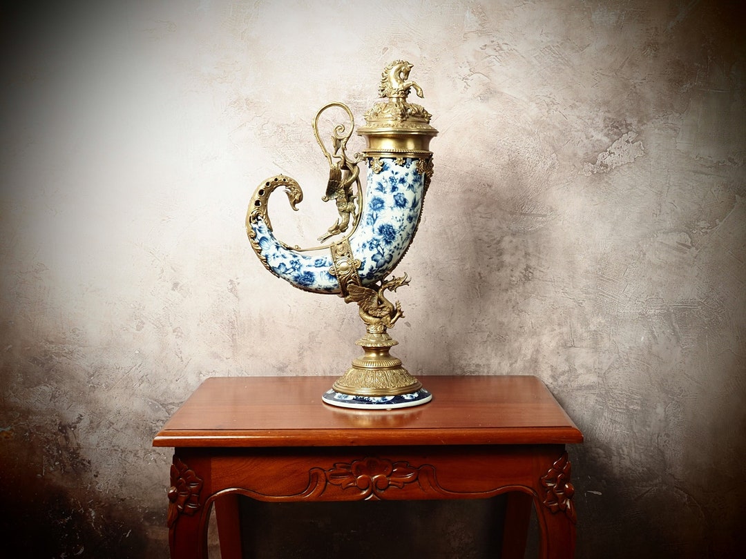 Big Decorative Cornucopia Horn, Blue Floral Ornaments, Cornucopia Made ...