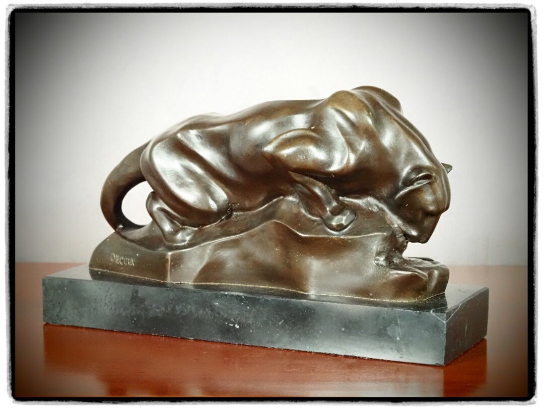 Solid Bronze Puma Sculpture on Marble Base Antique Style - Etsy
