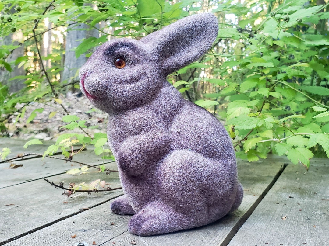 Vintage Flocked Rabbit Fuzzy Bunny Coin Bank - Grey With Brown and ...