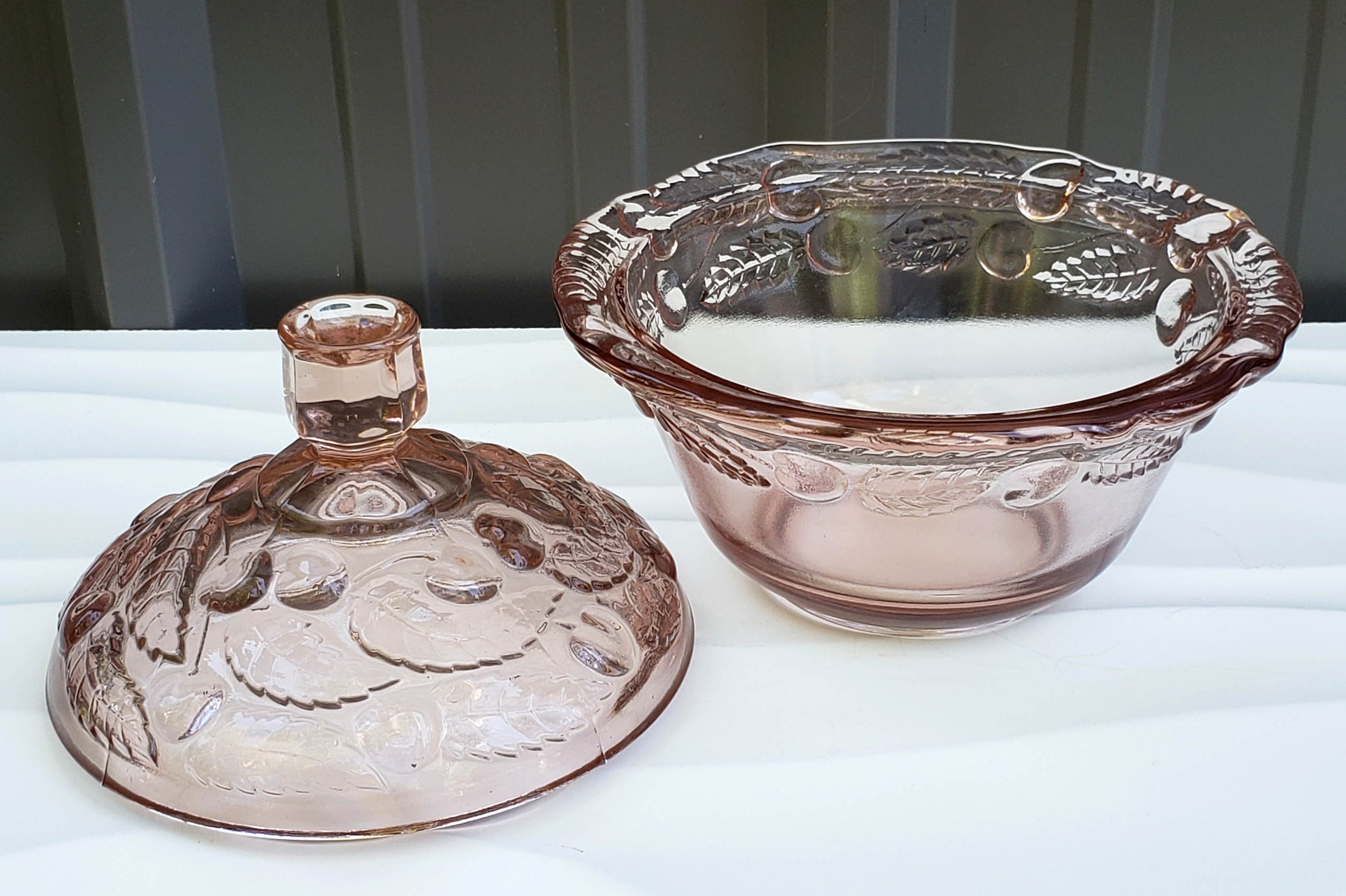 Vintage Pink Depression Glass Candy Bowl with Lid Cherries | Etsy