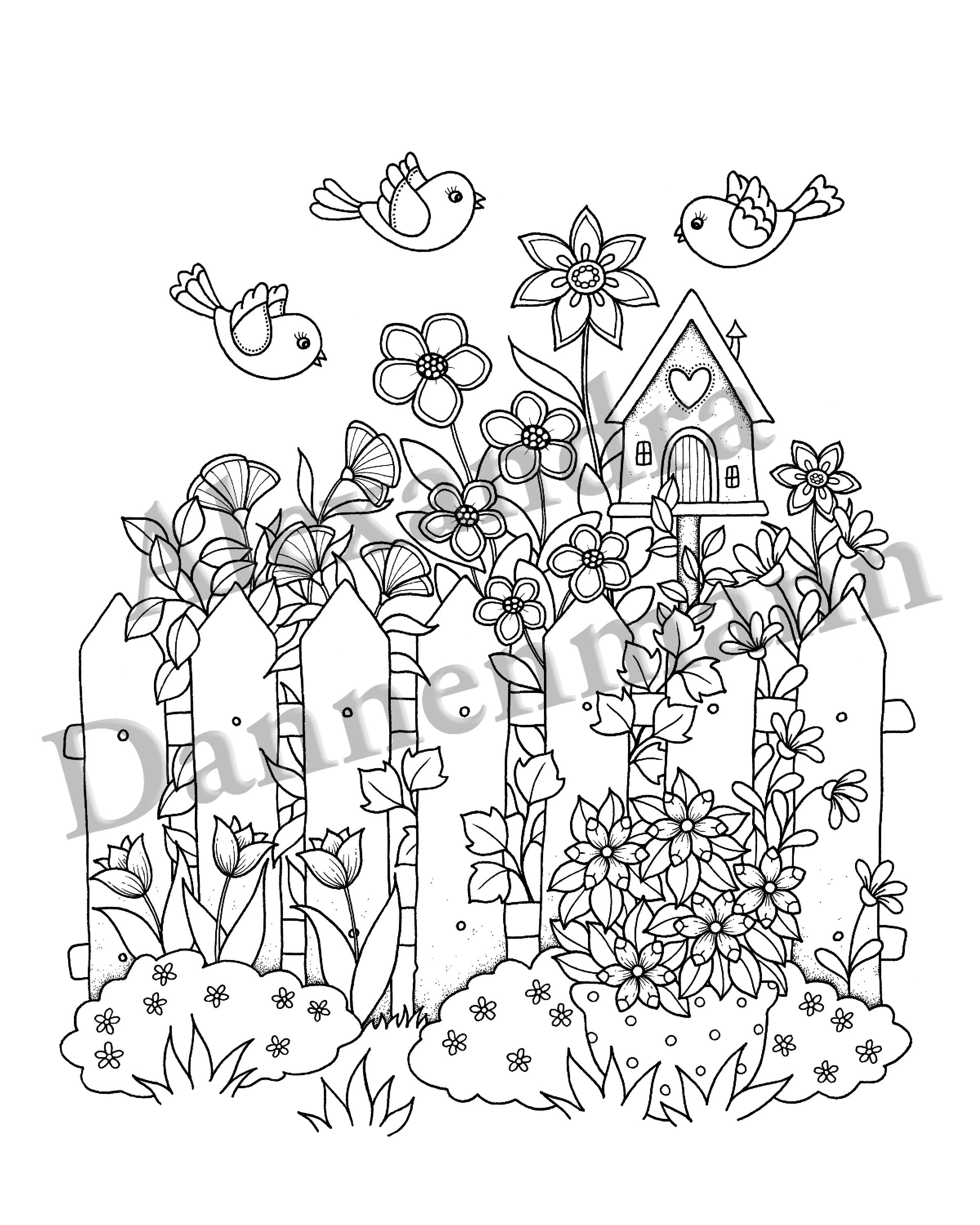 Printable Digital Coloring Page for Grownups, HELLO SPRING, Hand Drawn ...