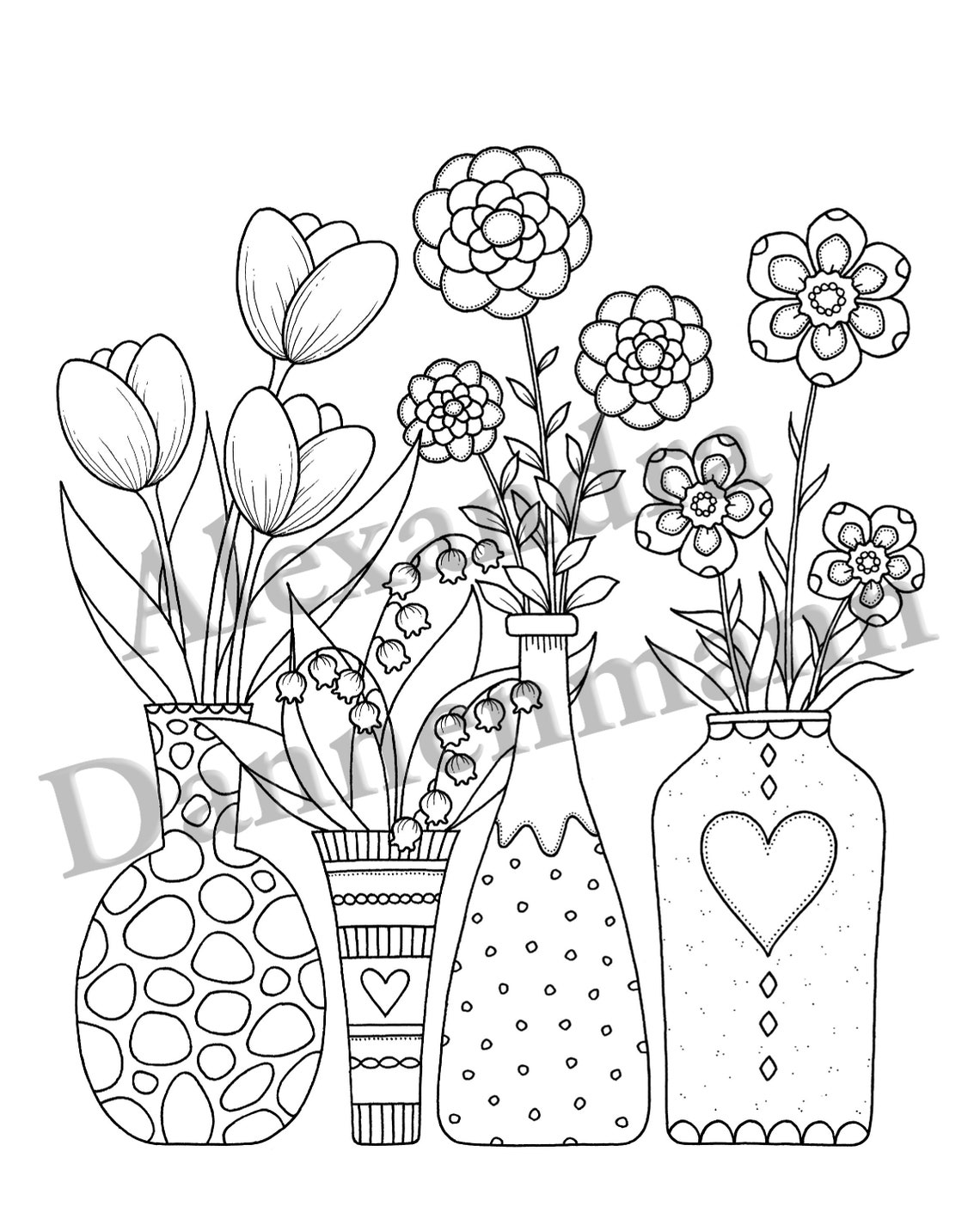 Printable Digital Coloring Page for Grownups, HELLO SPRING, Hand Drawn ...