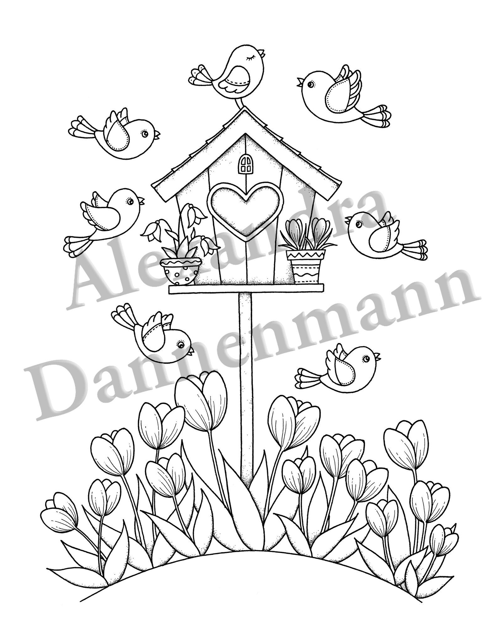 Printable Digital Coloring Page for Grownups, HELLO SPRING, Hand Drawn ...