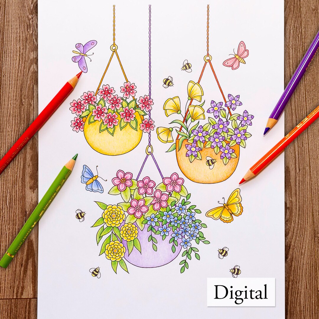 Printable Digital Coloring Page for Grownups, HELLO SPRING, Hand Drawn ...