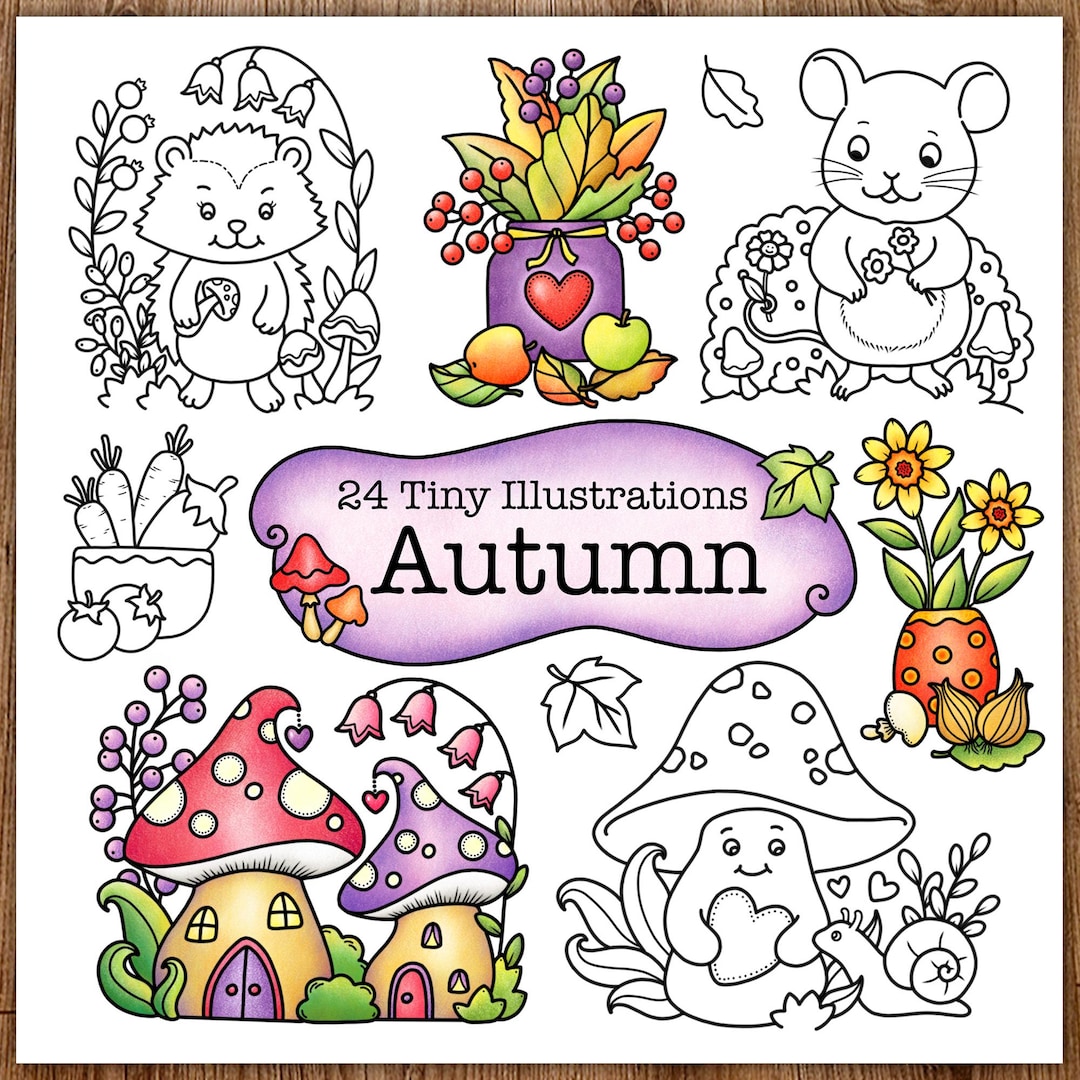 Autumn - 24 Tiny Illustrations, Printable Digital Colouring Pages for ...